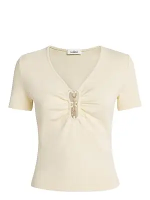 Sandro Stretch-cotton Ruched-detail T-shirt - Beige
