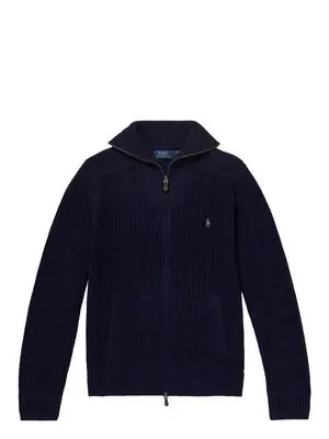 Polo Ralph Lauren Logo-embroidered Ribbed-knit Wool And Cotton-blend Cardigan - Blue