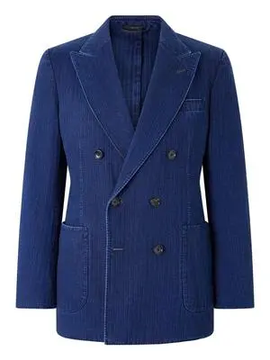TOM FORD Double-Breasted Herringbone Denim Blazer Indigo