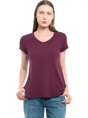 WILT CLOTHING Short Sleeve Shrunken V-neck Shirt-tail Top - Dark Fig