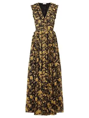 Ulla Johnson Aida Pleated Ruffled Floral-print Metallic Silk-chiffon Gown - Black