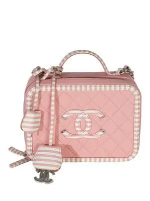 Chanel Quilted Caviar Striped Cc Filigree Vanity Case - Pink