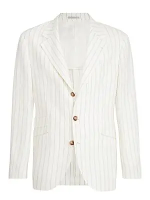 Brunello Cucinelli Linen Stripe Deconstructed Cavallo Blazer - White