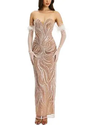 MISS CIRCLE Beaded Sequin Sweetheart Maxi Dress - Apricot