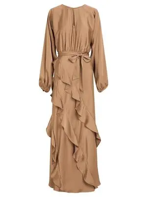 MIKAEL AGHAL Satin Maxi Dress With Ruffles - Light Brown