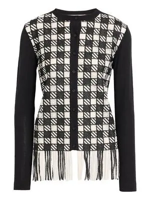 Oscar De La Renta Fringed Checked Jacquard Knit Silk-blend Cardigan - Black