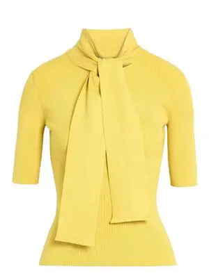 Oscar De La Renta Ribbed Silk-blend Top With Tie Detail - Yellow