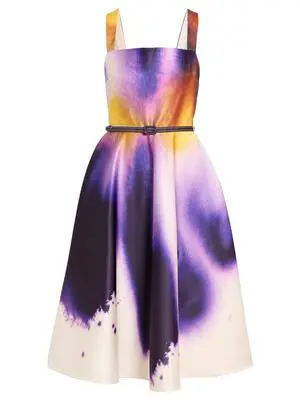 Oscar De La Renta Belted Printed Satin Midi Dress - Purple