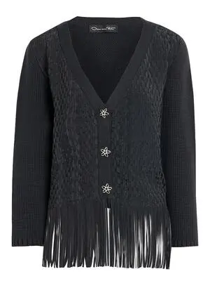 Oscar De La Renta Fringed Paneled Cardigan - Black