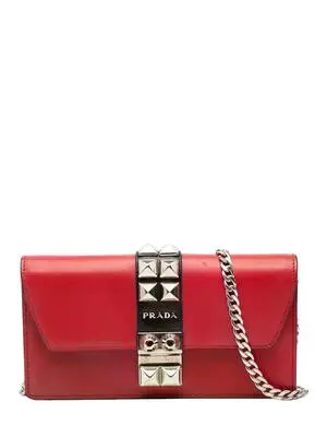 Prada City Calfskin Studded Elektra Clutch With Chain Crossbody Bag - Red