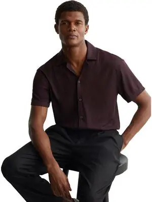 REISS Ando Jacquard-stripe Cuban-collar Shirt - Cherry Red