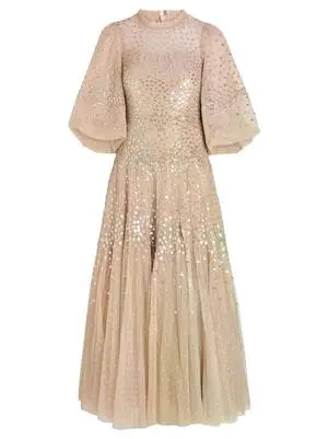 NEEDLE & THREAD Sequin-embellished Flute-sleeve Dress - Neutrals