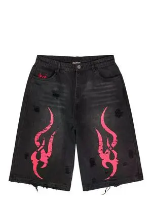 CHEW FOREVER Graphic Distressed Shorts - Black