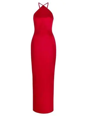 Solace London Fern Halterneck Satin Maxi Dress - Red