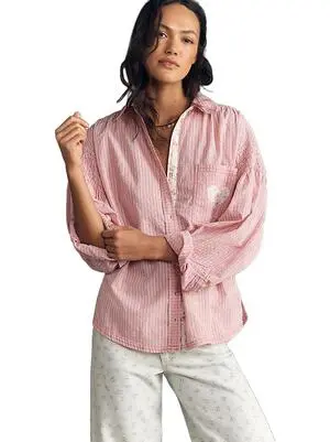 PILCRO Mix-print Long-sleeve Buttondown Shirt - Pink Stripe