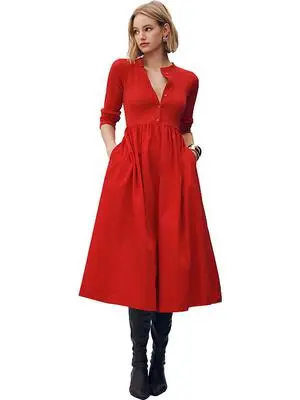 Maeve Long-sleeve Twofer Cardigan Midi Dress - True Red