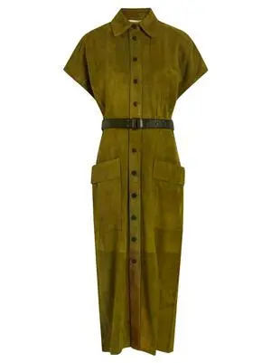 SKIIM Belted-waist Buttoned Dress - Green
