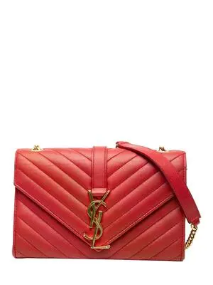 Saint Laurent 2015 Small Chevron Calfskin Monogram Envelope Bag - Red