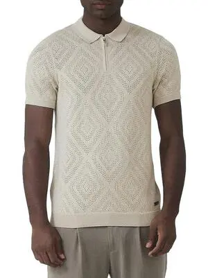 MAUVAIS Chalbi Slim Fit Knit Pointelle Zip Polo - Light Beige