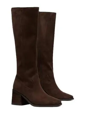 THERAPY AUSTRALIA Quinn Square Toe Block Heel Tall Boots - Chocolate Microsuede
