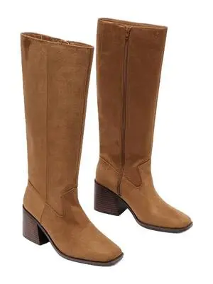 THERAPY AUSTRALIA Quinn Square Toe Block Heel Tall Boots - Toffee Microsuede
