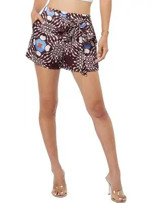 CIEBON Logan Print Tie Waist Shorts - Brown Multi