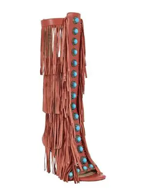 AZALEA WANG Amadeo Knee High Fringe Sandal - Red