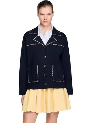 Sandro Studded Tailored Collar Cardigan - Navy Blue