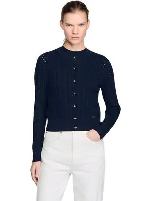 Sandro Cropped Textured Knit Cardigan - Navy Blue