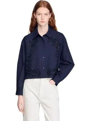 Sandro Floral Embroidered Cotton Shirt - Navy Blue