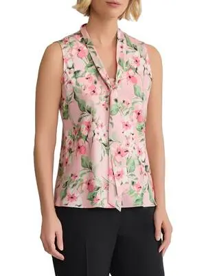 KASPER Tie Neck Sleeveless Satin Top - Tutu Pink Multi