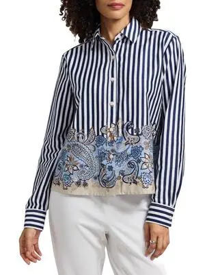 Foxcroft Stripe & Paisley Print Button-down Blouse - Blue Multi