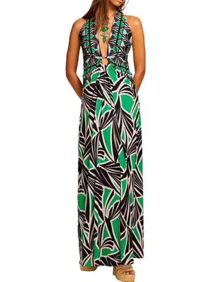 Ramy Brook Rayna Geo Print Halter Dress - Bright Palm Combo