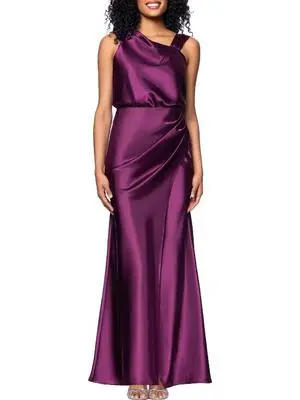 Betsy & Adam Ruched Charmeuse Trumpet Gown - Plum