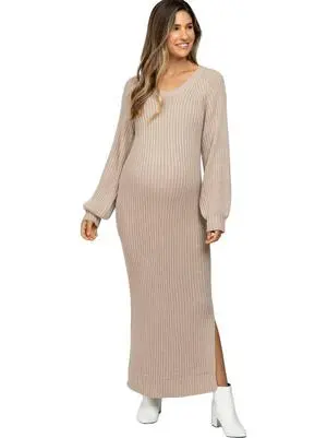 PINKBLUSH Side Slit Maxi Sweater Dress Beige