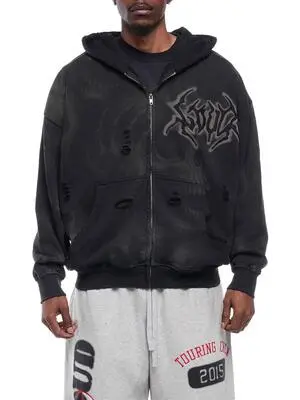 ROLLING LOUD Distressed Ghost Skull Graphic Zip Hoodie - Washed Black