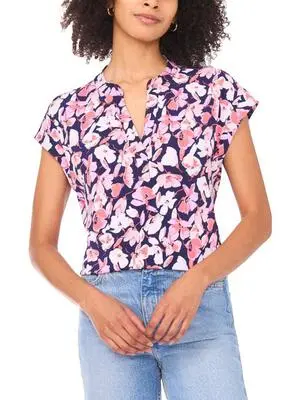 Vince Camuto Floral Split Neck Top - Classic Navy