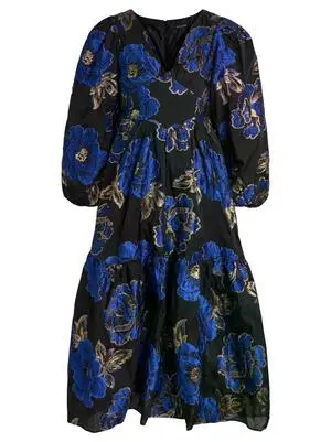 SISTER JANE Floral Jacquard V-neck Midi Dress - Black