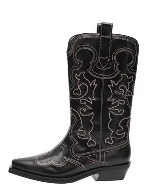 GANNI Mid-shaft Embroidered Western Boots - Black/pink
