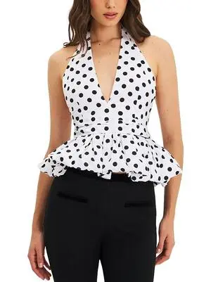 MISS CIRCLE Ilene Polka Dot Halter Top - White With Black Dots
