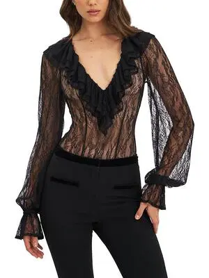 MISS CIRCLE Taliah Sheer Lace Ruffled Collar Bodysuit - Black