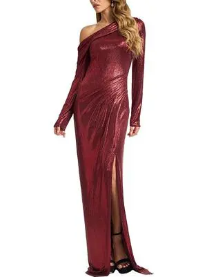 Tadashi Shoji Toryn Metallic Pleated Draped Gown - Lava Red