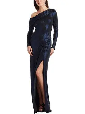 Tadashi Shoji Toryn Metallic Pleated Draped Gown - Royal Navy