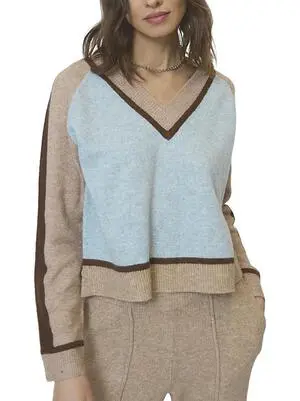 Central Park West Color Blocked V-neck Sweater - Blue-multi