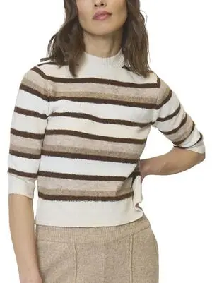 Central Park West Striped Half Sleeve Crew Sweater - Ivory Multicolor