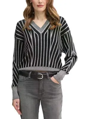 Dkny Striped V-neck Sweater - Black