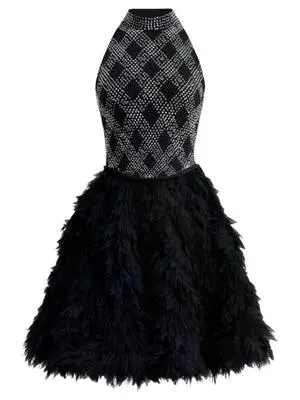 GEMY MAALOUF Beaded High-collar Feathered Dress - Black