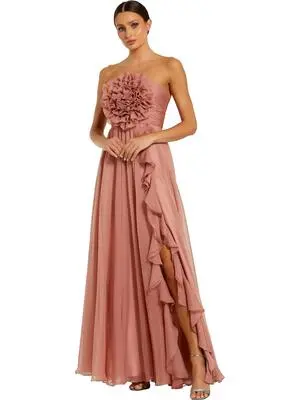 Mac Duggal Strapless Chiffon Gown With 3d Flower - Rose
