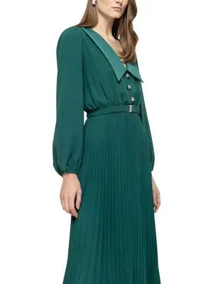 NISSA Pleated Belted Midi Dress - Green