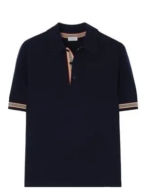 Burberry Icon Stripe Trim Wool Polo Shirt - Navy